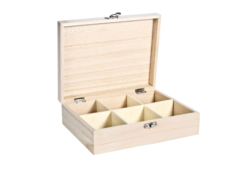 6 COMPARTMENT PLAIN RECTANGULAR WOODEN BOX 24cm Craftmill